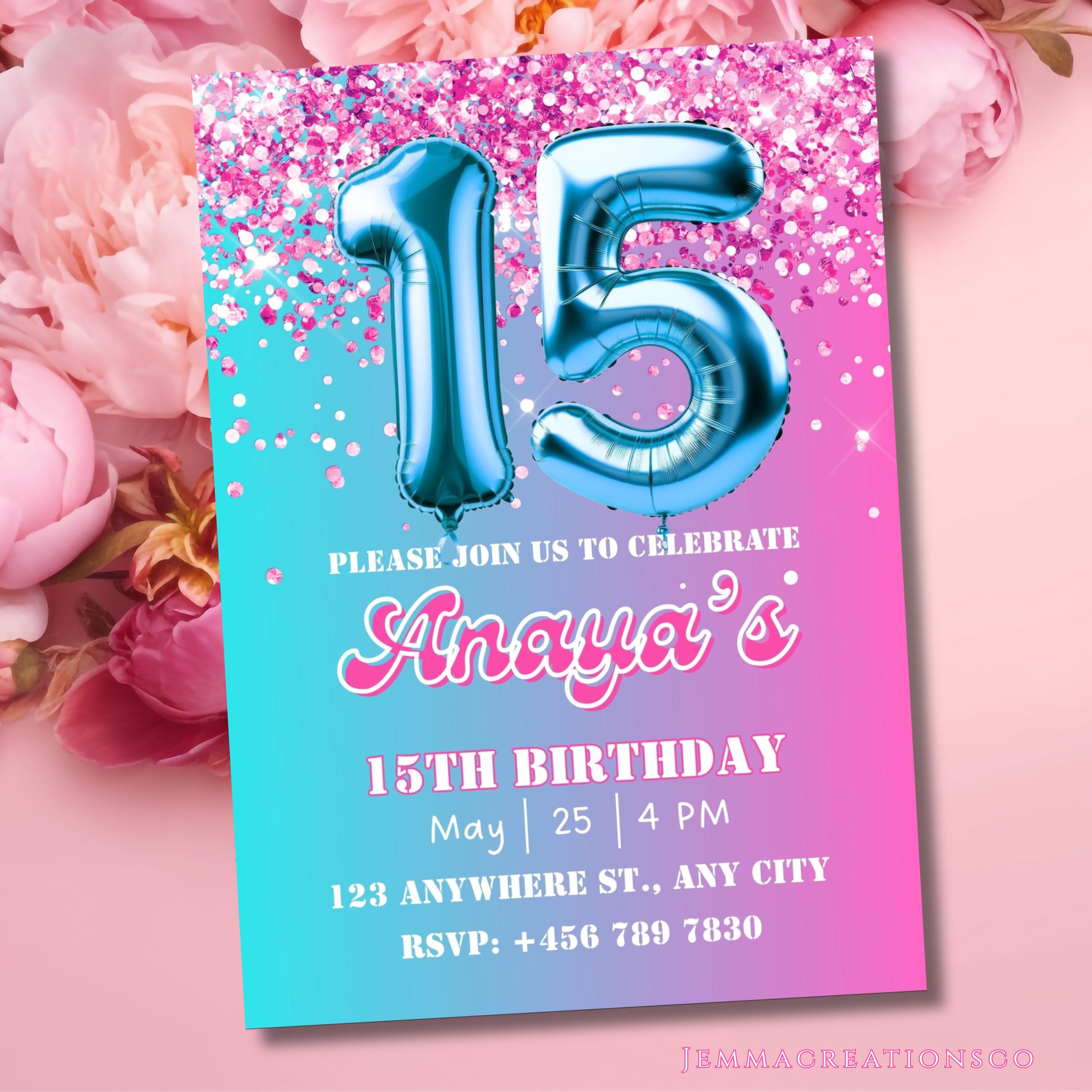 Editable Pink 15th Birthday Invitation Template, Digital Rainbow Foil ...
