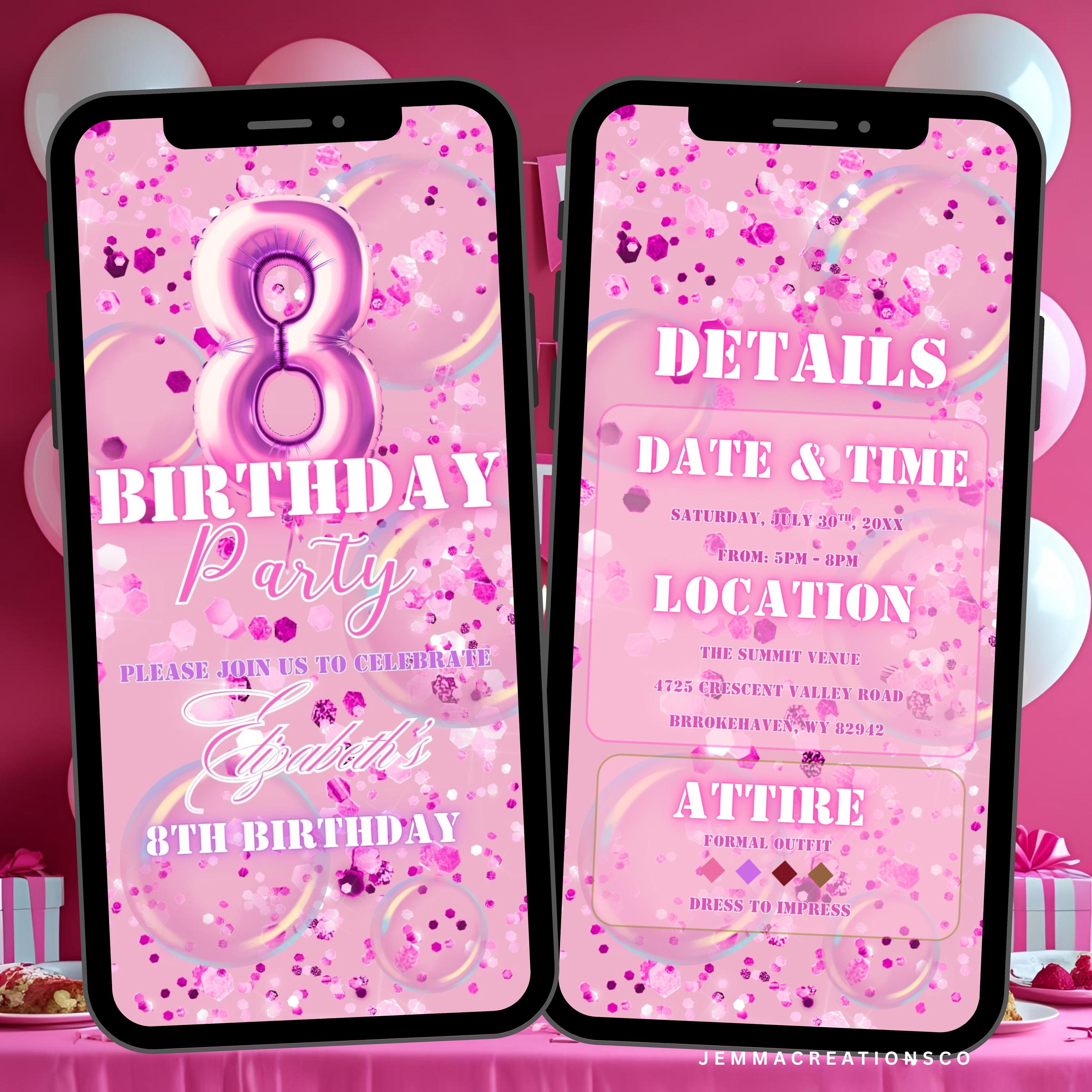 Editable Pink 8th Birthday Invitation Template, Digital Eighth Foil ...