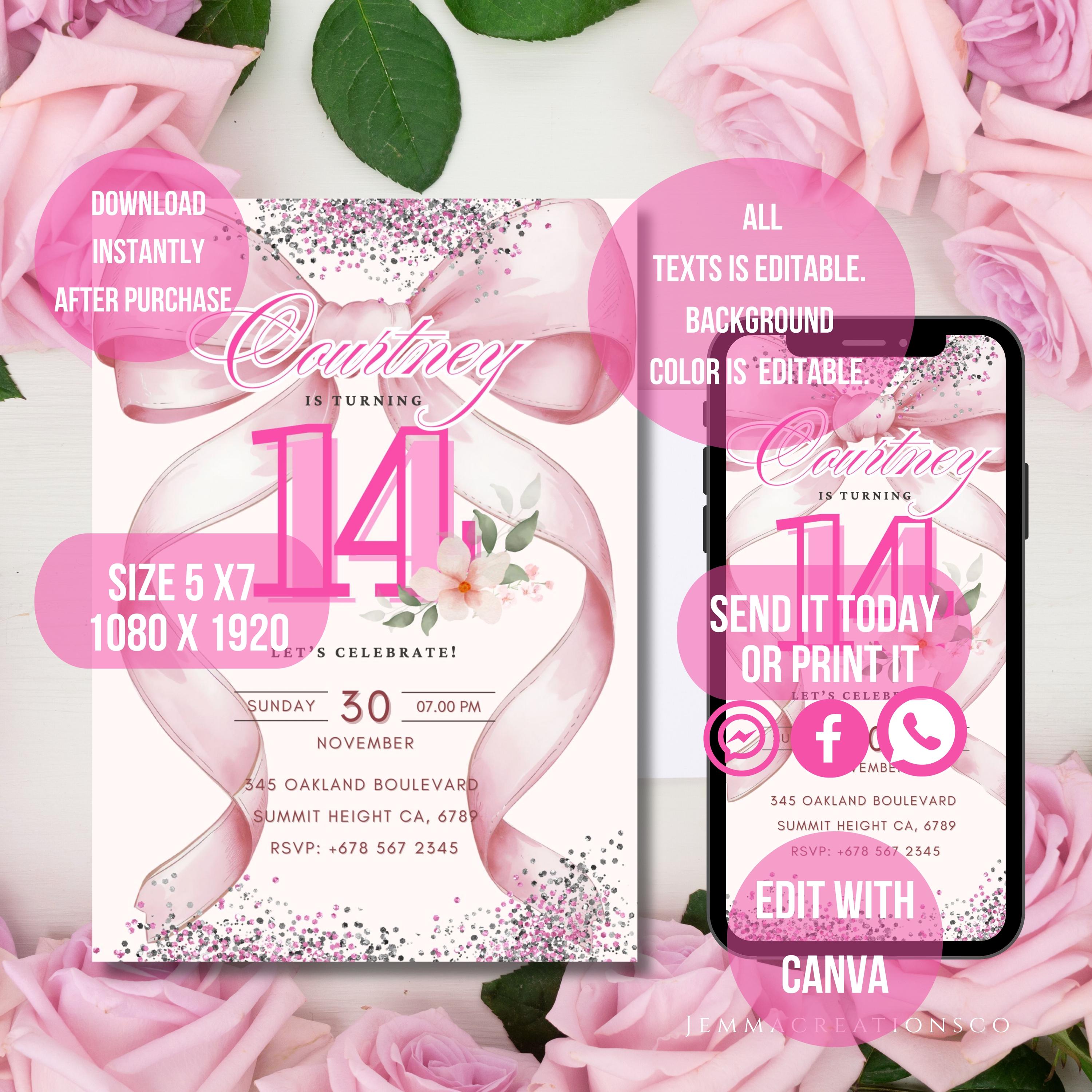 Pink Bow 14th Birthday Invitation Girl, Printable Fourteenth Birthday ...