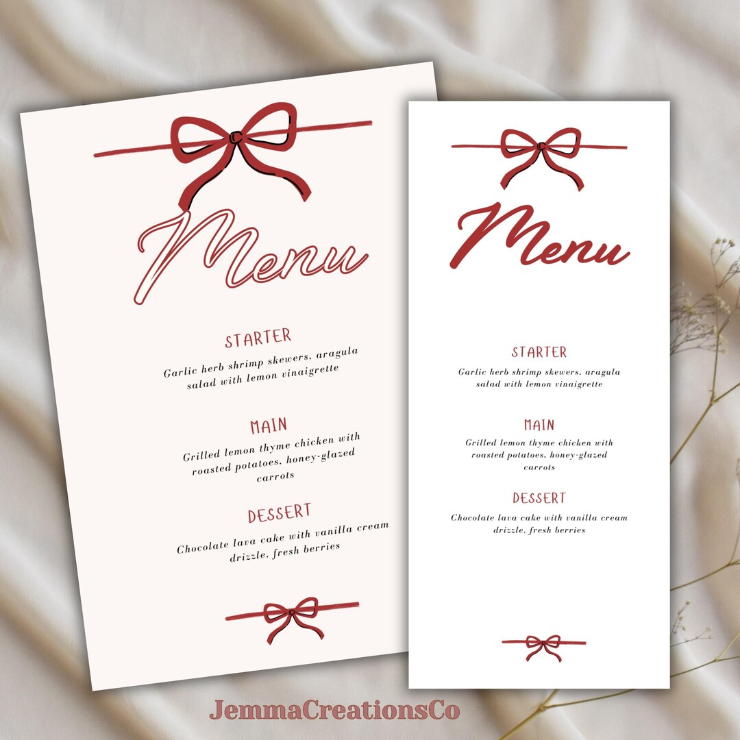 Red Ribbon Bow Menu Template, Wedding/bridal Shower Menu, Coquette Bow ...