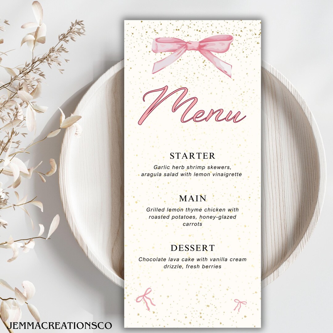 Pink Bow Menu Card Template, Bridal Shower Menu Table Setting ...