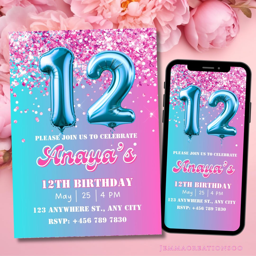 Editable Pink 12th Birthday Invitation Template, Digital Rainbow Foil ...