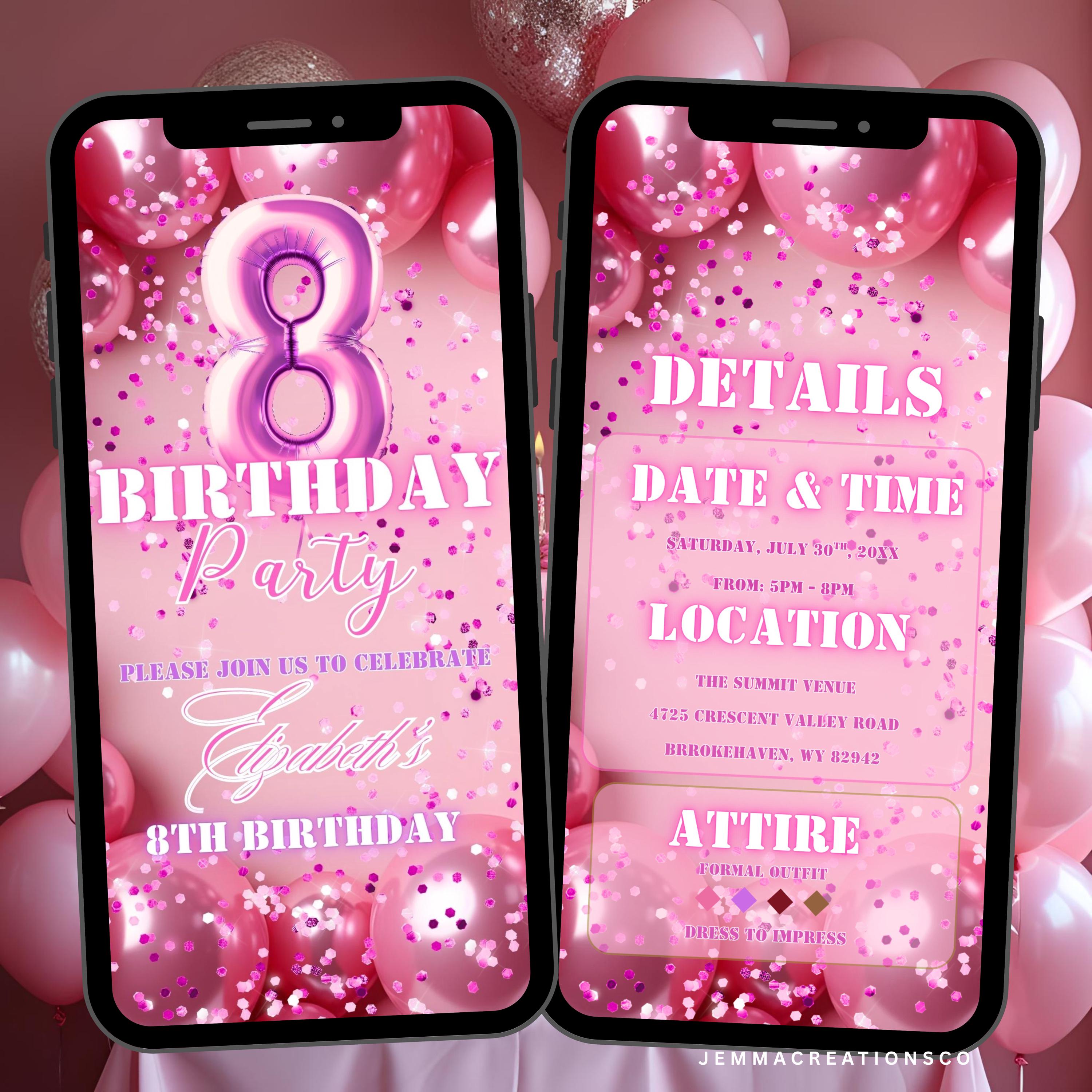 Editable Pink 8th Birthday Invitation Template, Digital Eighth Foil ...