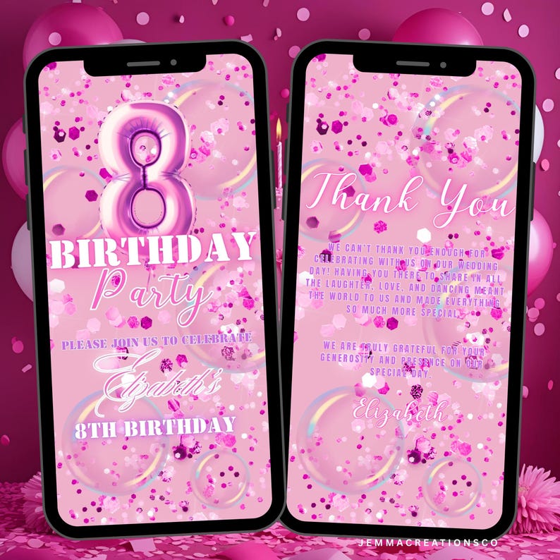 Editable Pink 8th Birthday Invitation Template, Digital Eighth Foil ...