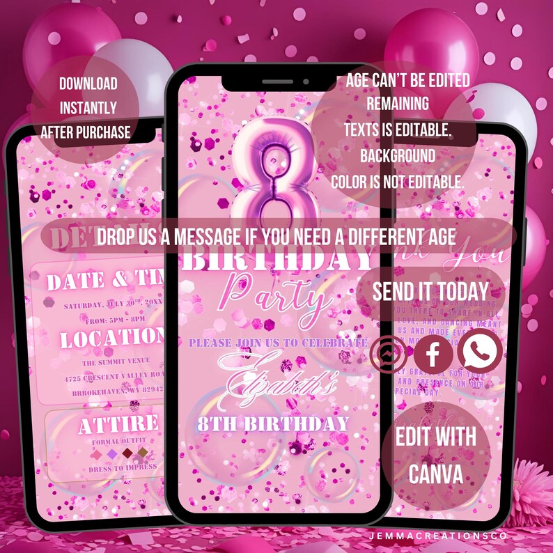 Editable Pink 8th Birthday Invitation Template, Digital Eighth Foil ...