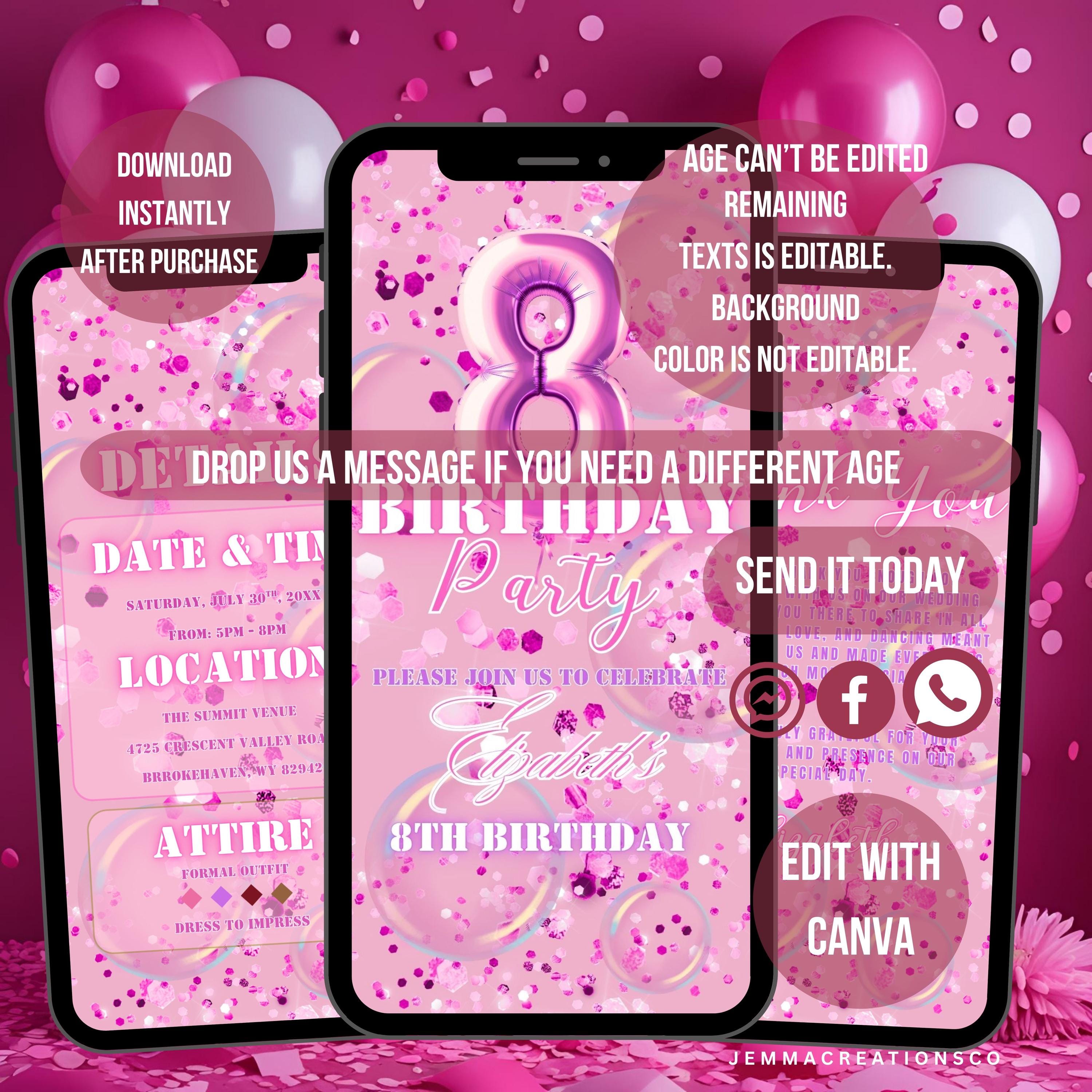 Editable Pink 8th Birthday Invitation Template, Digital Eighth Foil ...
