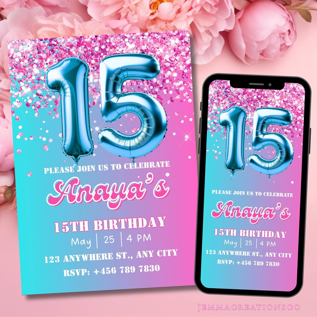 Editable Pink 15th Birthday Invitation Template, Digital Rainbow Foil Glitter Party Invite for ...