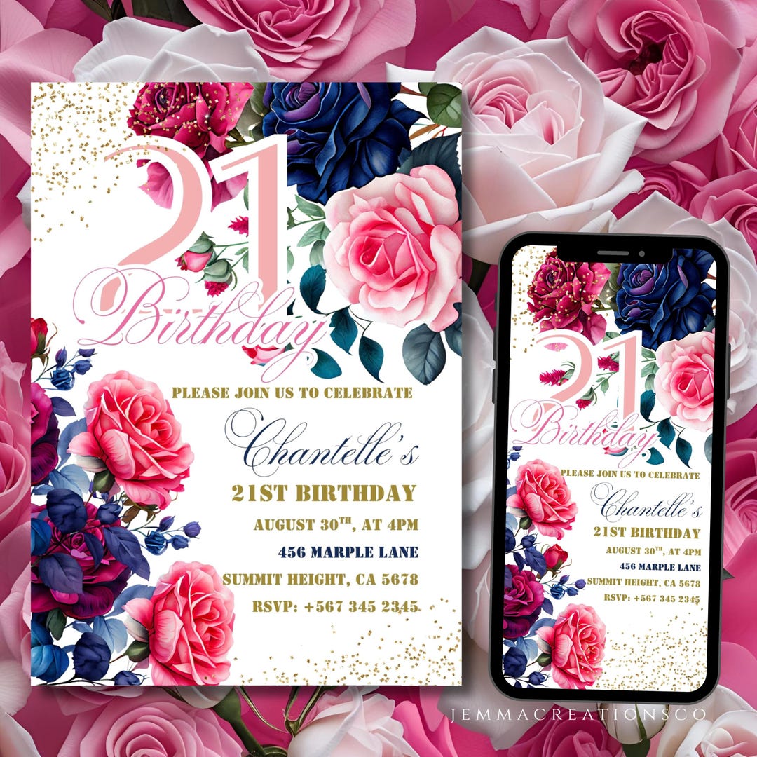 21ST Floral Birthday Invitation Template Blue and Pink Editable Twenty ...