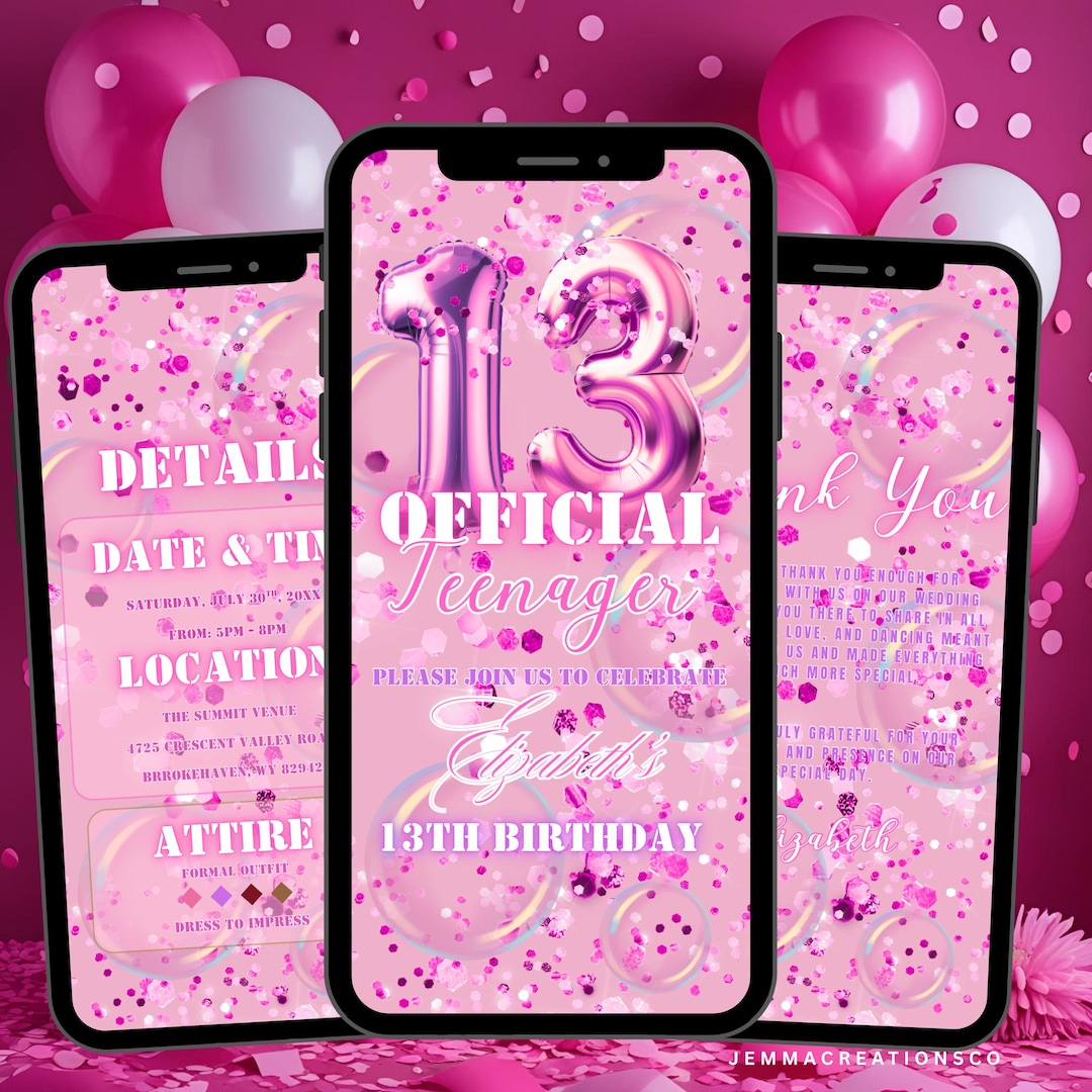 Editable Pink 13th Birthday Invitation Template, Digital Thirteenth ...