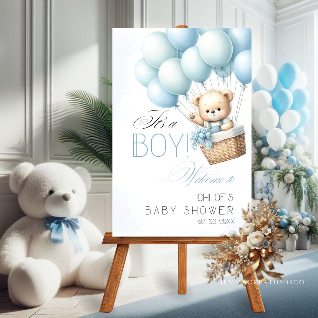 Blue Boy Teddy Bear Baby Shower Welcome Sign Template, Printable Boy ...