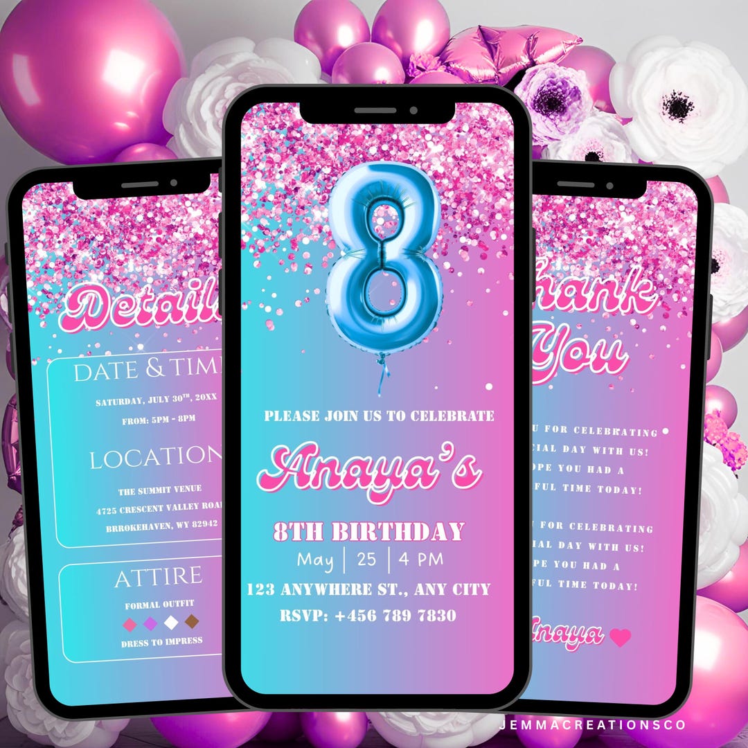 Digital Pink 8th Birthday Invitation Template, Editable Rainbow Foil ...