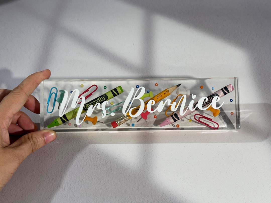 Personalized Teacher Name Plate: Clear Resin Desk Sign With Crayons - Etsy