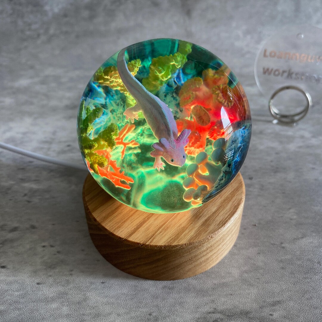 Axolotl Resin Lamp: Ocean Diorama Night Light - Engraved Wood Base - Etsy