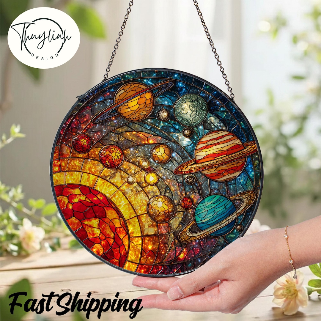 Galaxy Solar System Stained Glass Window Hanging, Colorful Planet ...