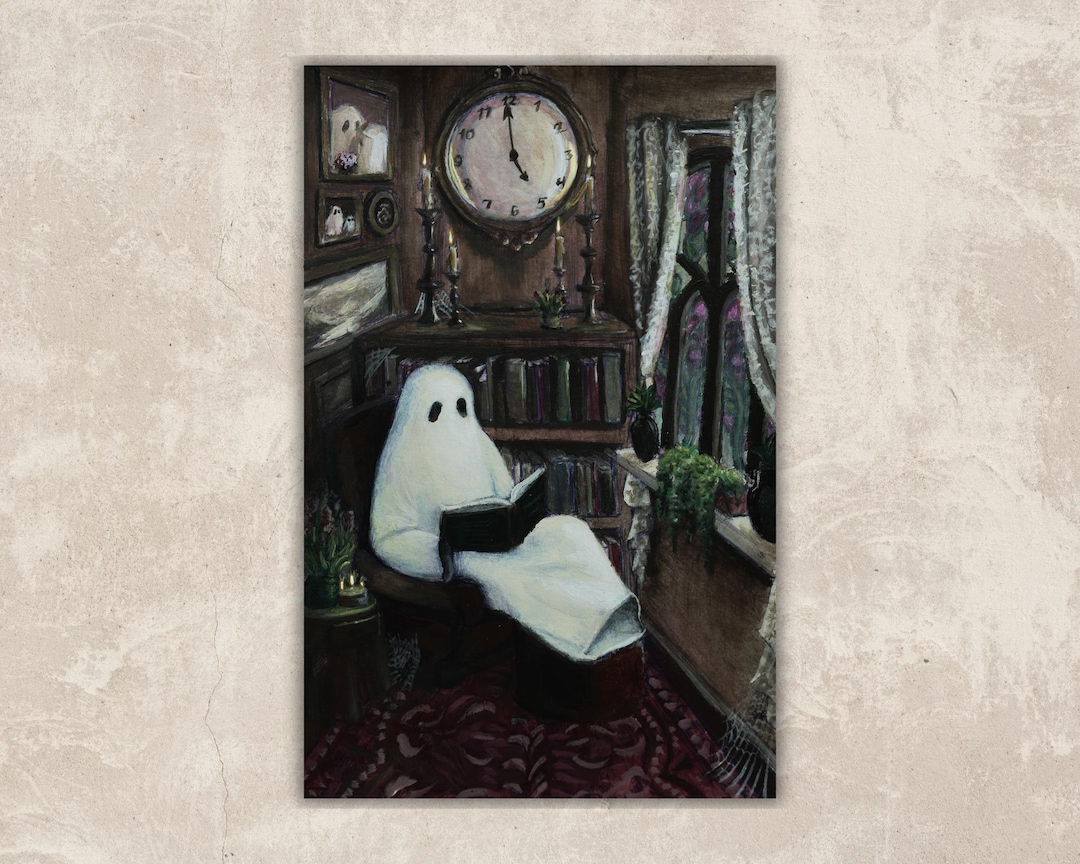 Ghost Reading Art Print: Original Hand-painted Artwork, Spooky Book ...