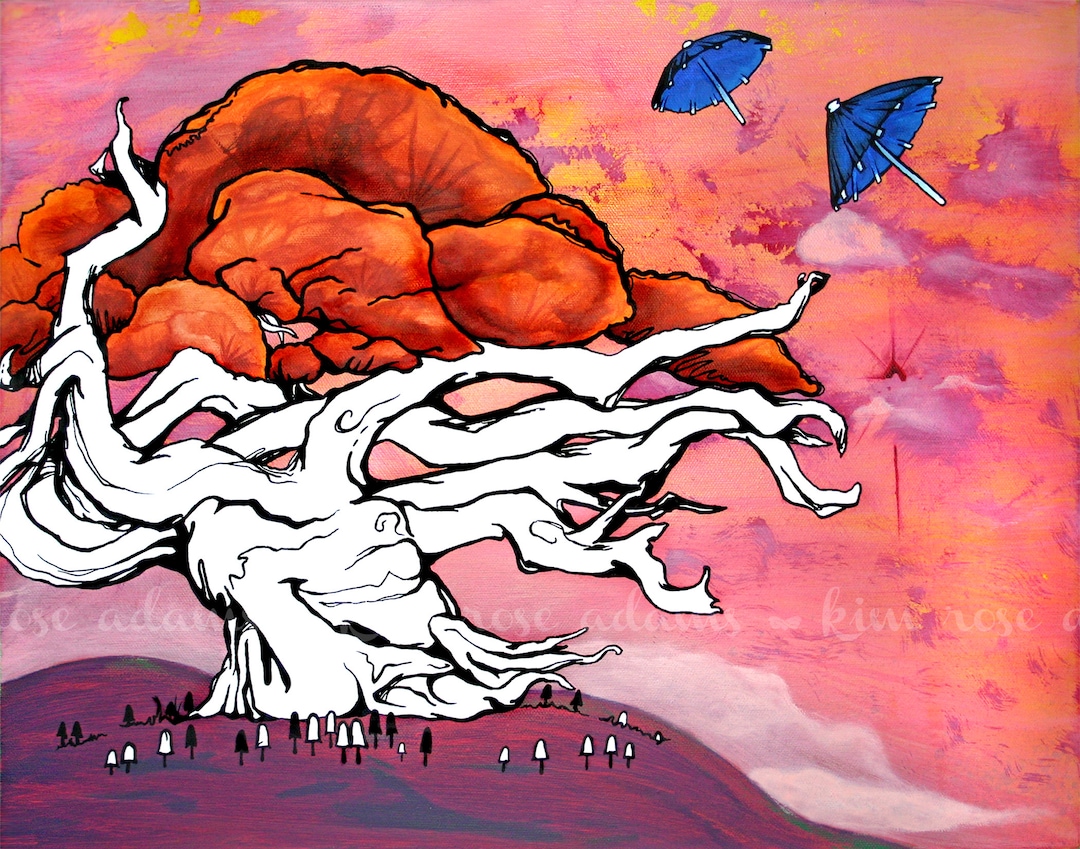 Bonsai Tree Art Print, Mushroom Art, Mushrooms, Graffiti, Sunset ...