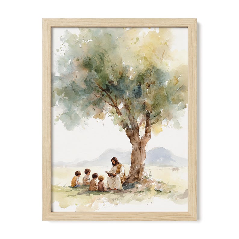 Jesus Teaching Children Watercolor Print, Christian Wall Art, Bible ...