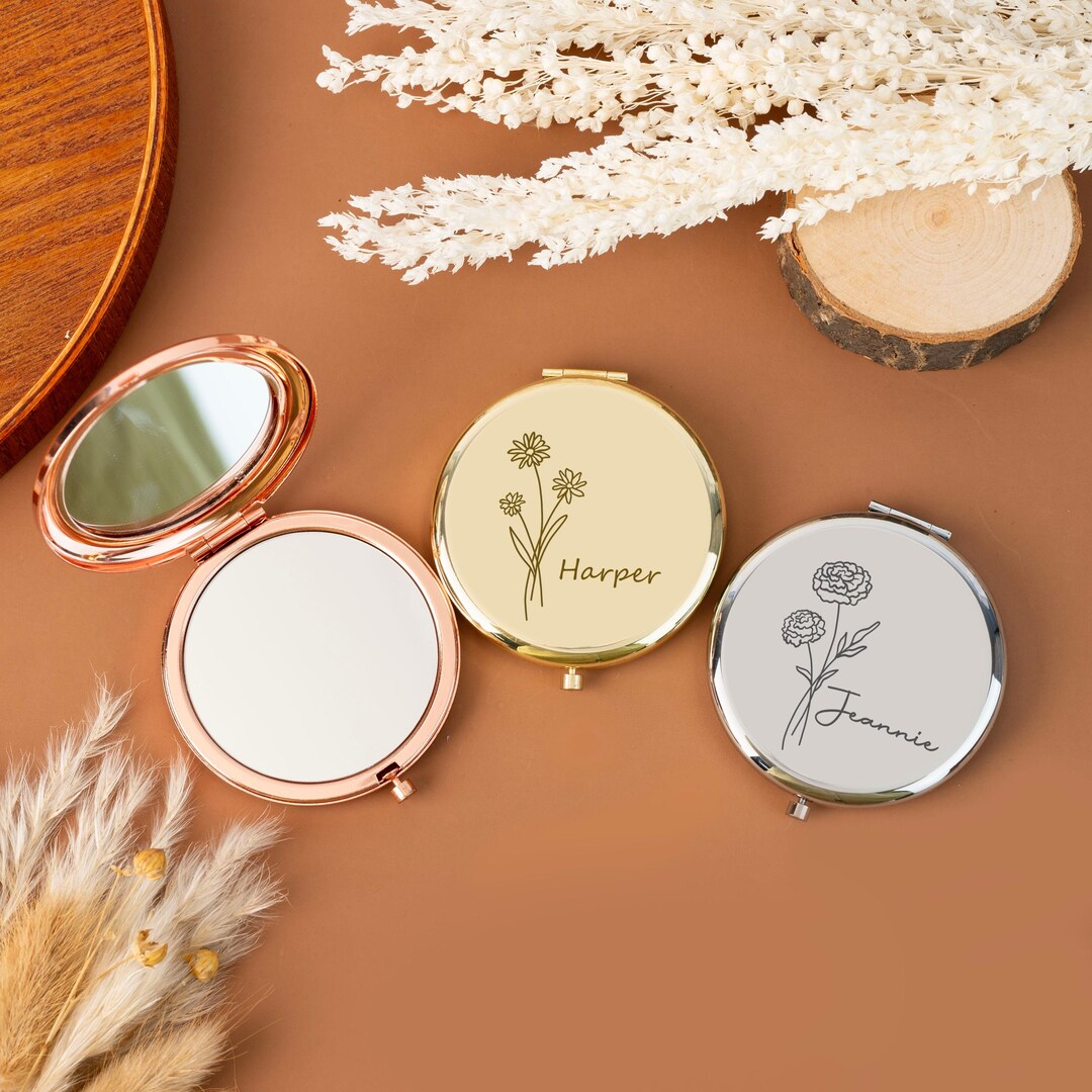 Custom Birth Flower Compact Mirror Personalized Name Compact Mirror Hen Party Gift Engraved ...