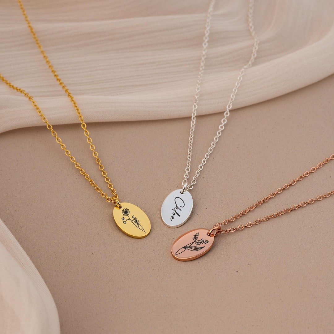 Personalized Birth Flower Necklace Gold Oval Pendant Necklace Engraving ...
