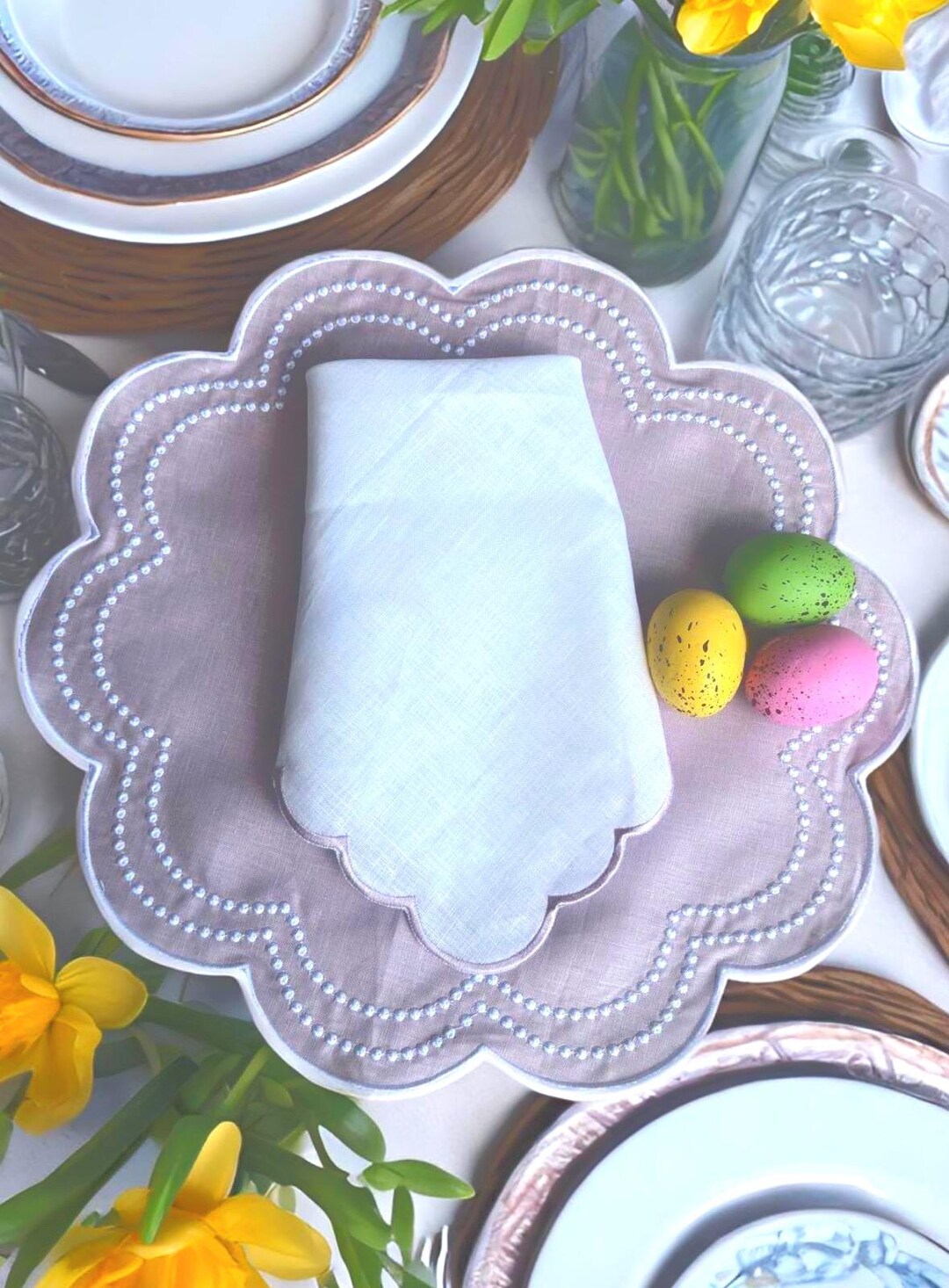 Linen Placemat and Linen Dinner Napkin Set Round Lilac With Embroidered ...