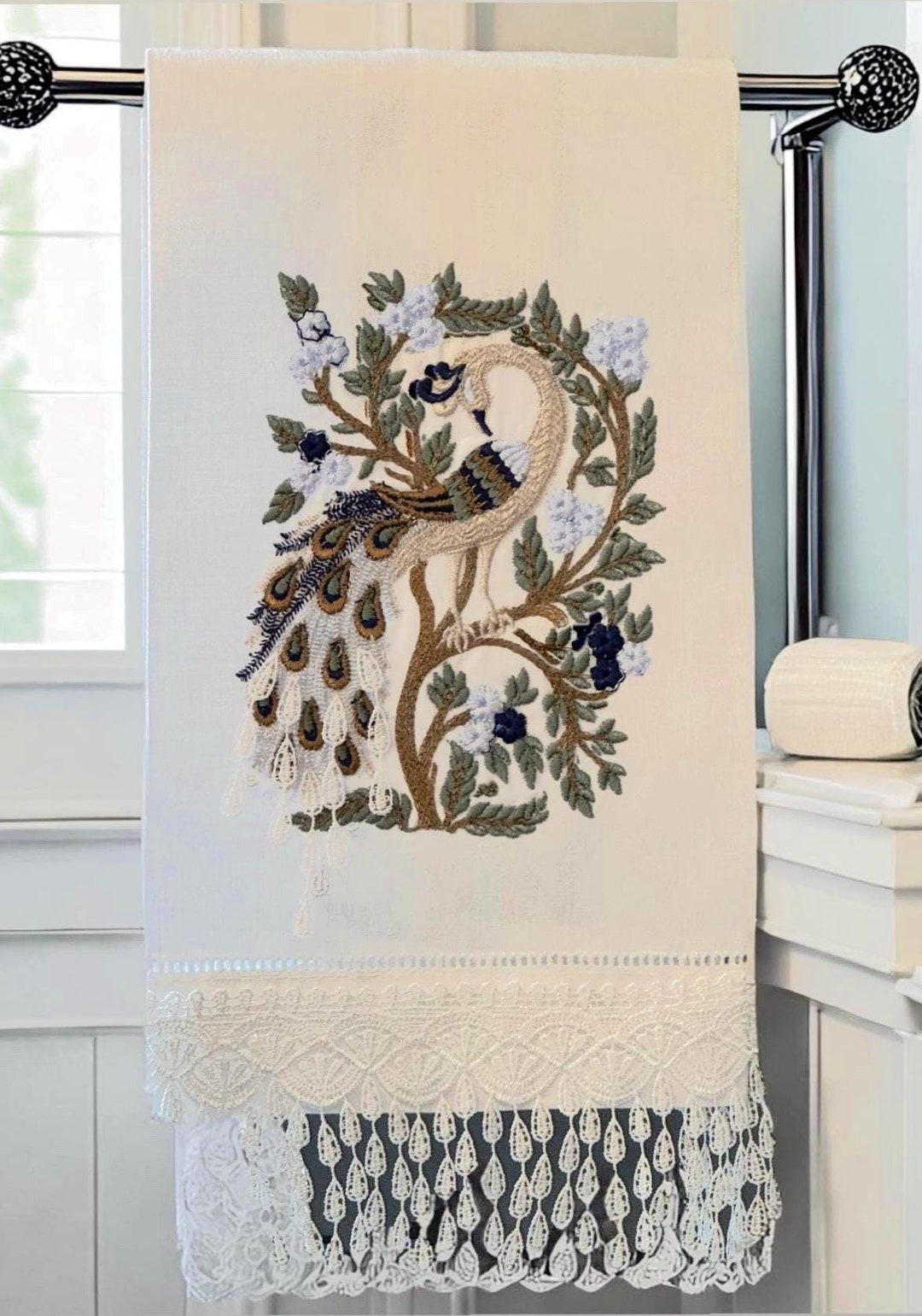 Linen Hand Towel/embroidered Peacock Tea Towel/guest Towel/fingertip ...