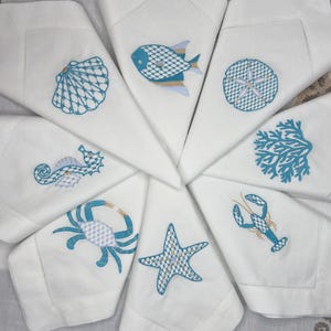 Nautical Embroidered Linen Napkins Coastal Dinner Napkin Summer Seaside ...