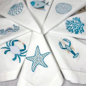 Nautical Embroidered Linen Napkins Coastal Dinner Napkin Summer Seaside ...