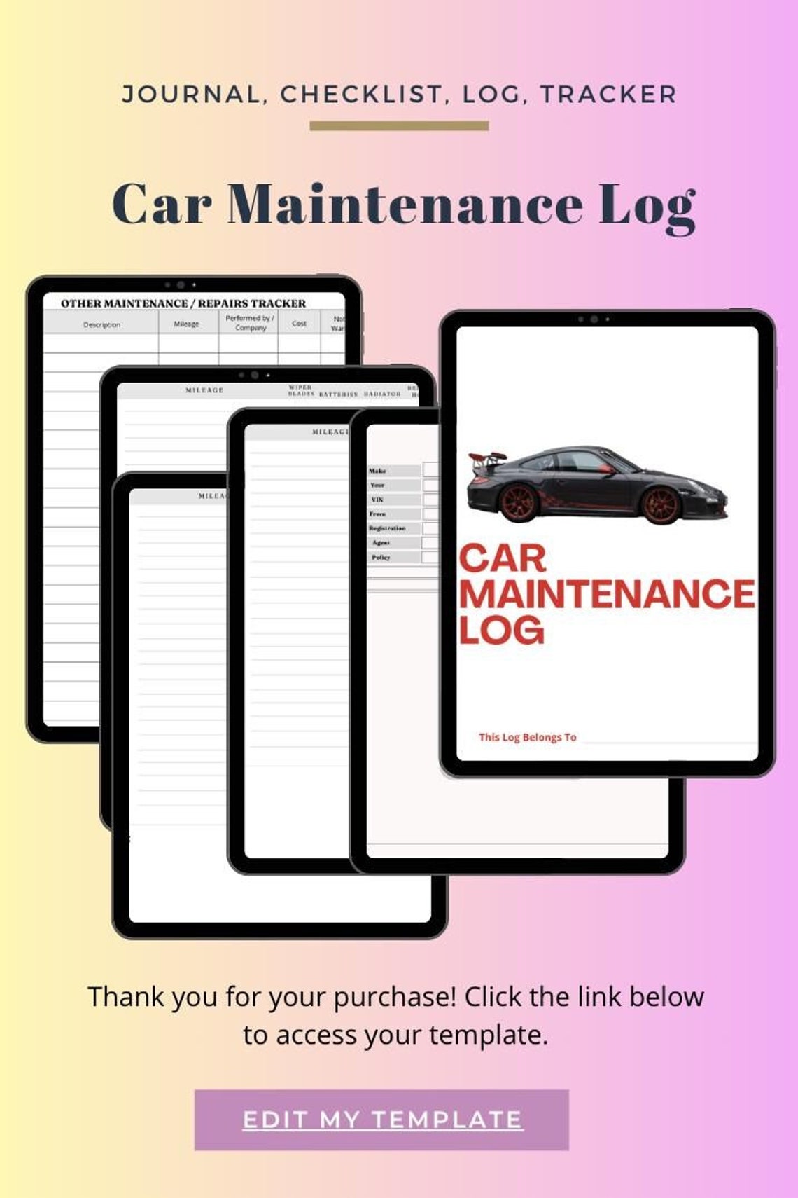 Car Maintenance Checklist Template Vehicle Journal, Car Care Schedule ...