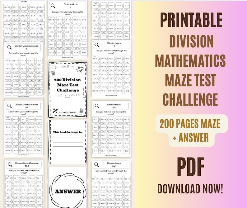 200 Division Math Maze Worksheets: 3rd-4th Grade (PDF) - Etsy