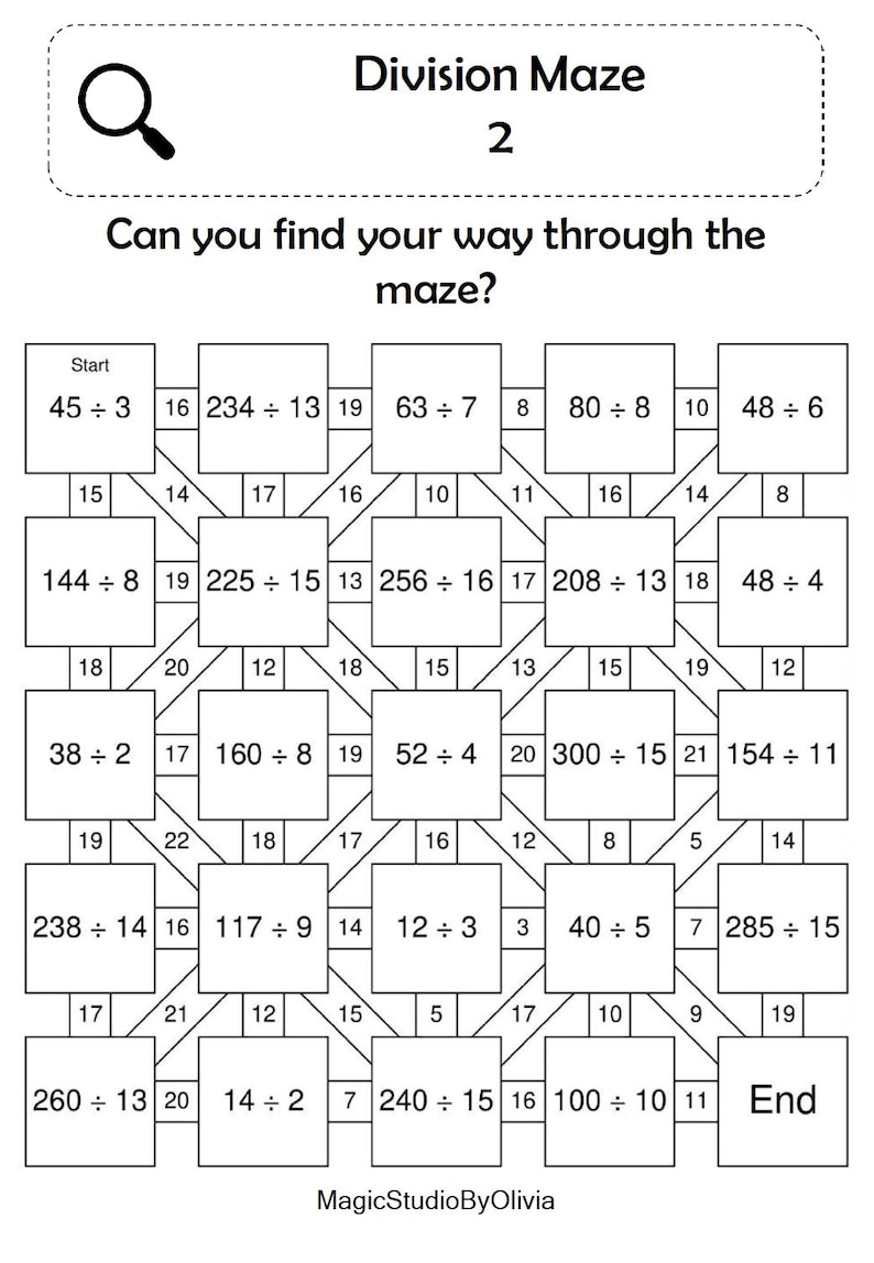 200 Division Math Maze Worksheets: 3rd-4th Grade (PDF) - Etsy