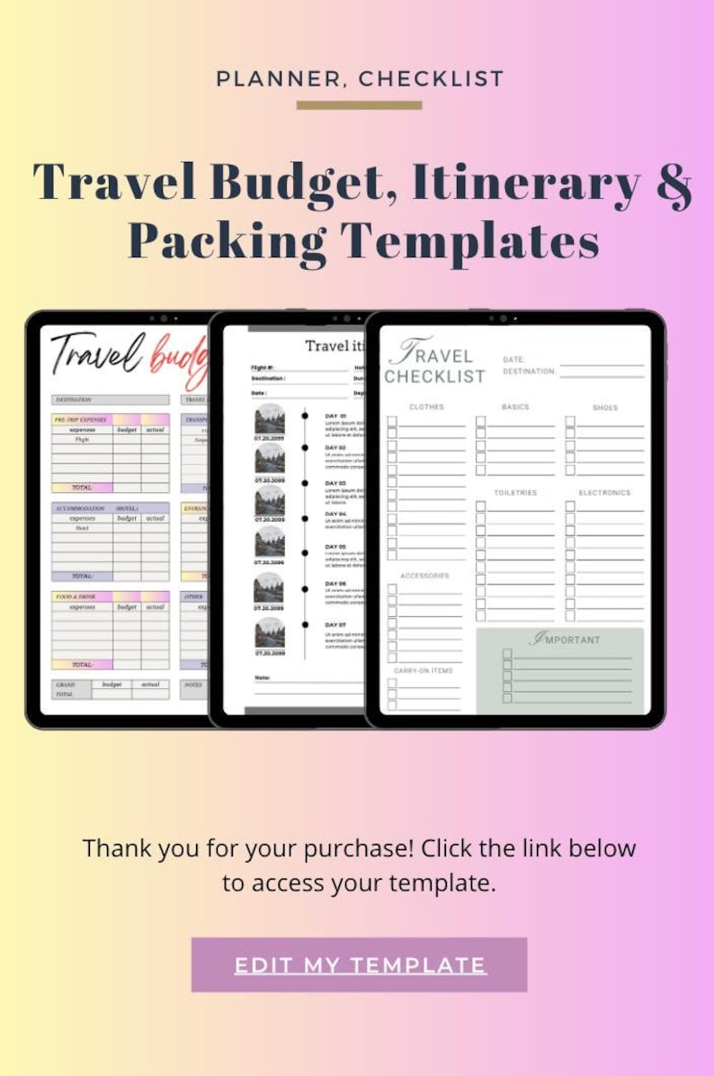 Editable Travel Budget, Itinerary, Packing Checklist Printable Vacation ...