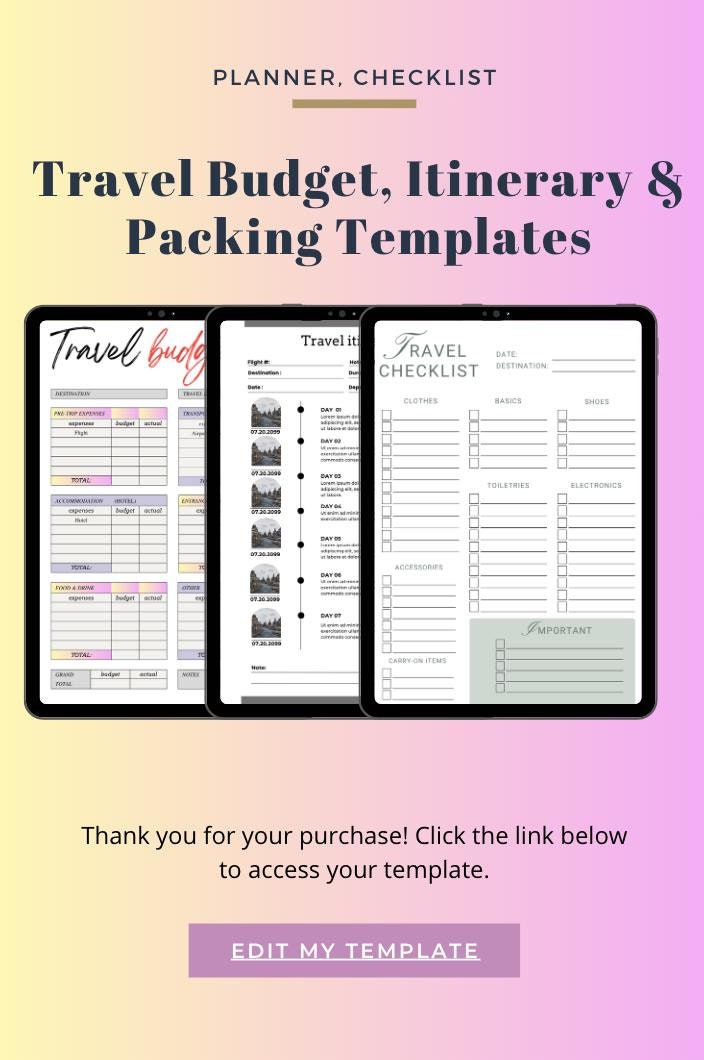 Editable Travel Budget, Itinerary, Packing Checklist Printable Vacation ...