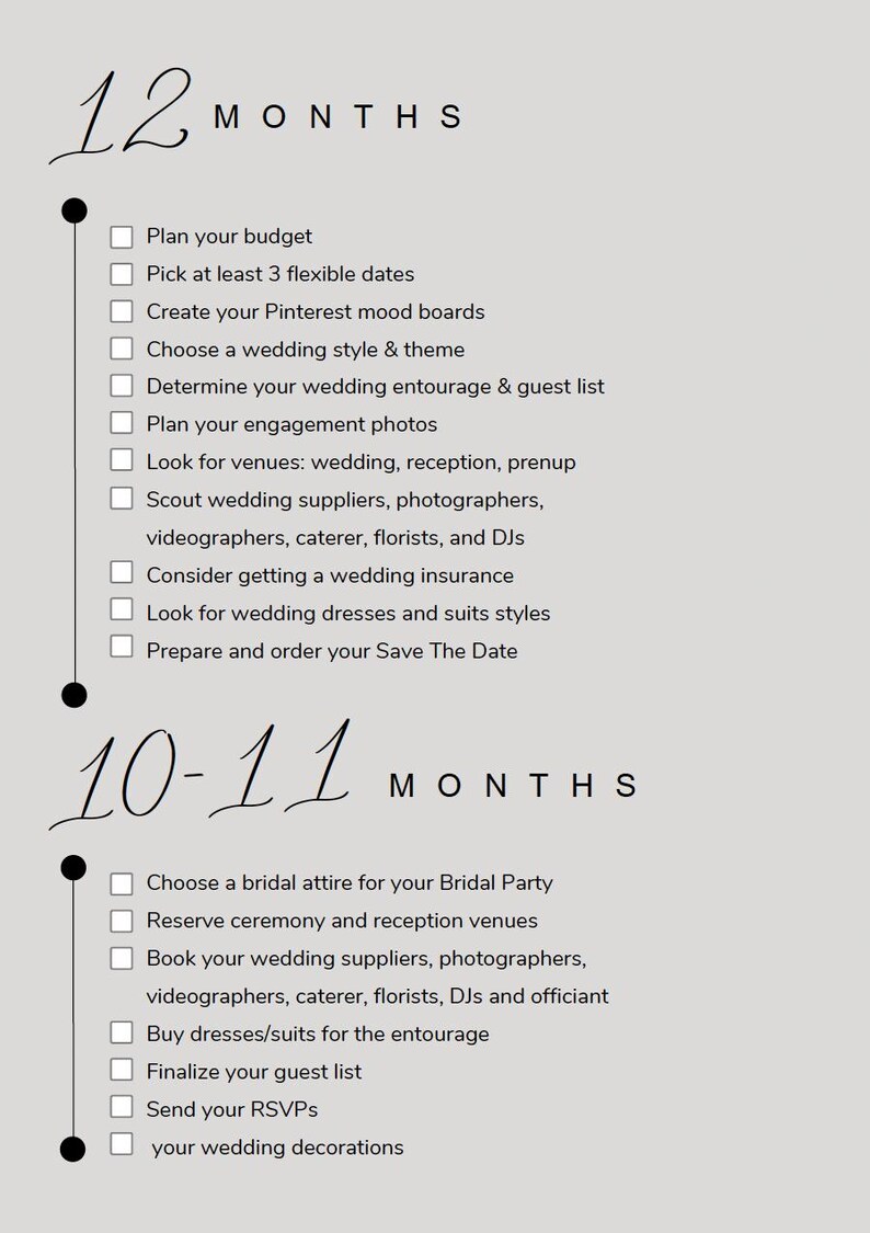 Minimalist Printable Wedding Checklist PDF - 12-month Countdown to the ...