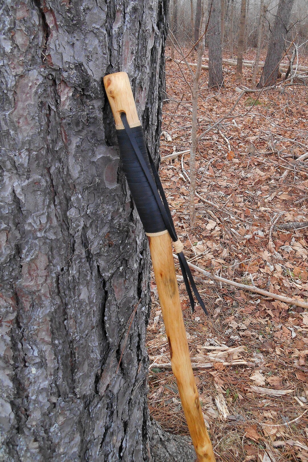 Walking Stick for Nature Hikes With Leather Wrap, Wood Hiking Staff ...