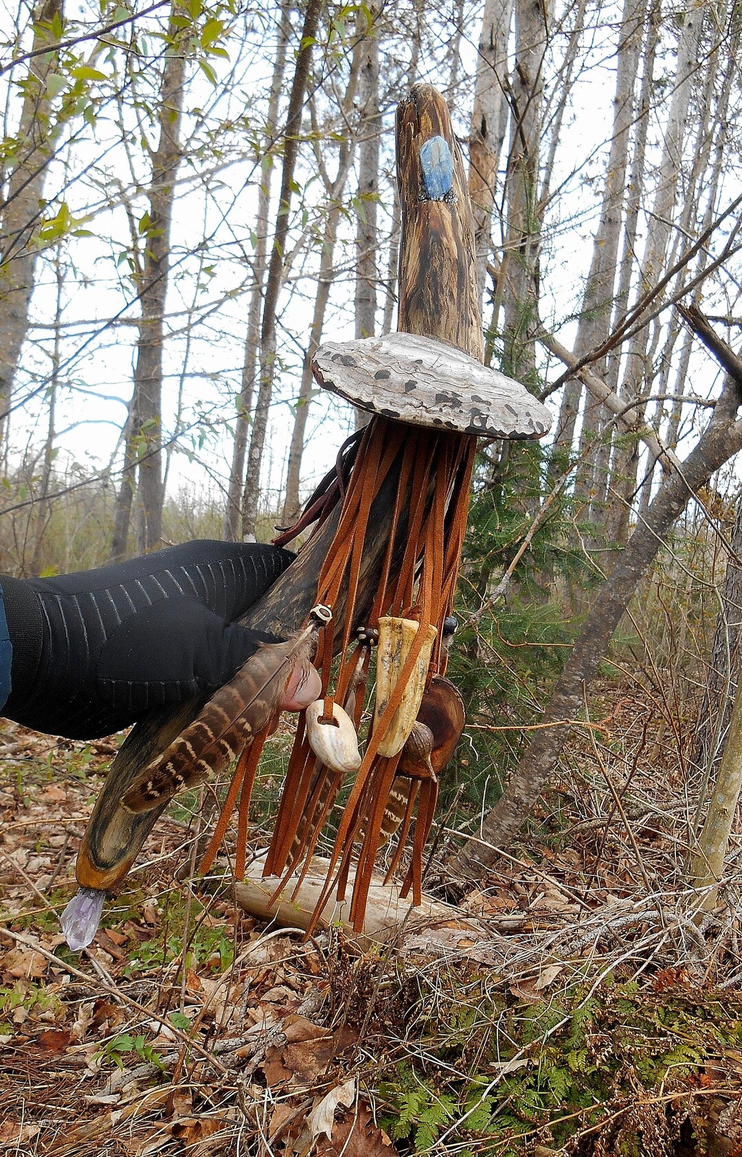 Driftwood Talking Stick With Mushroom, Crystals, Leather, Ceremonial Shaman Wand, Scepter - Etsy