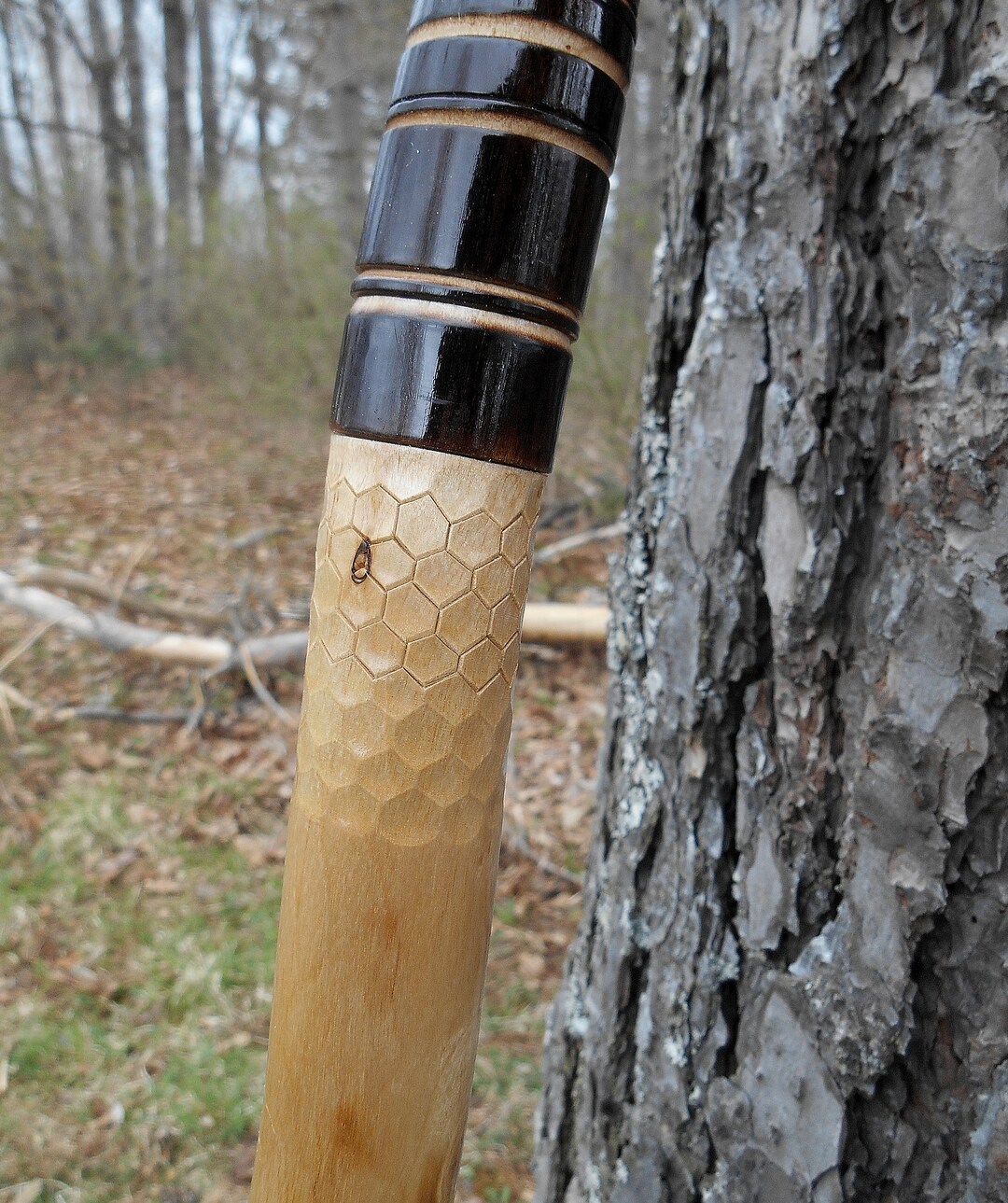 Hand Carved Walking Stick, Birch Wood Hiking Staff With Leather Wrap ...