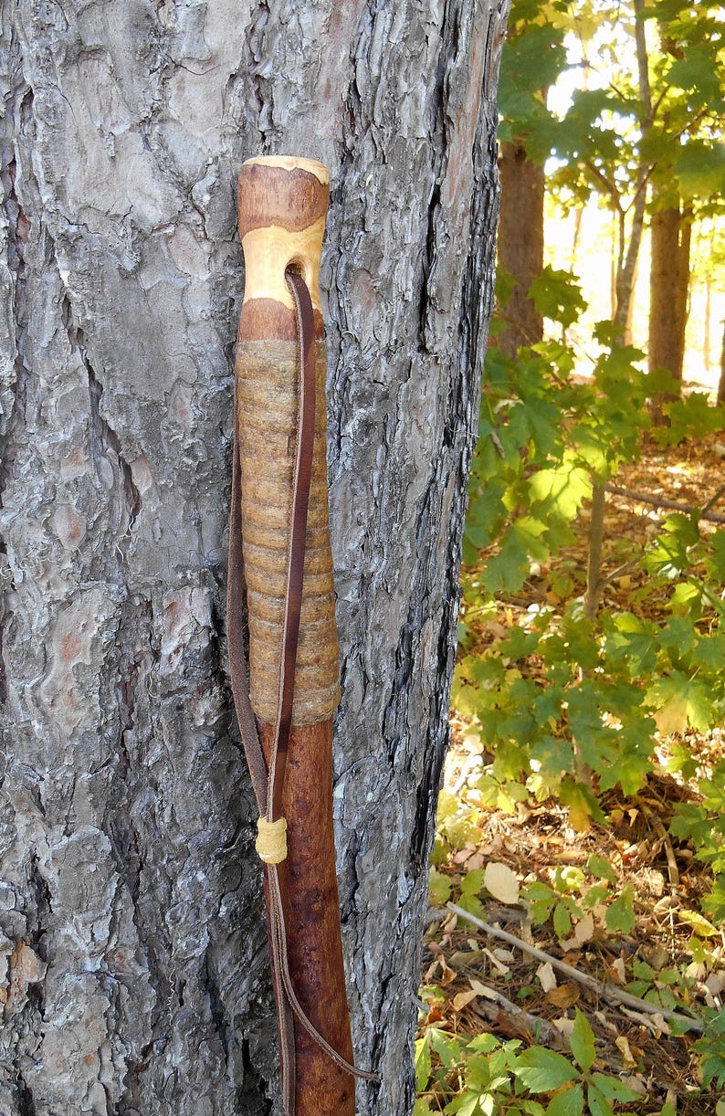 Wood Walking Stick: Bark Grip, Leather Lanyard, Spruce Hiking Staff - Etsy