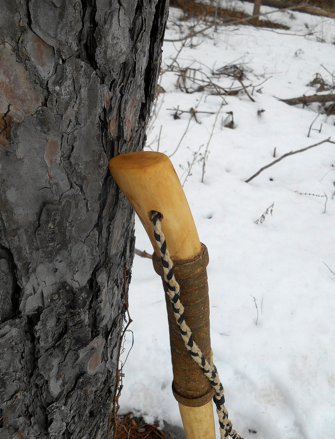Ash Wood Walking Stick With Bark Wrap Unique Rustic Hiking - Etsy