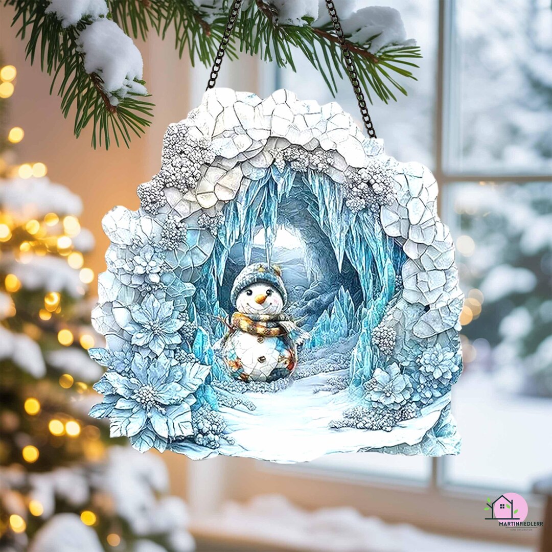 Snowman in Ice Cave Acrylic Suncatcher, Winter Holiday Window Decor - Etsy