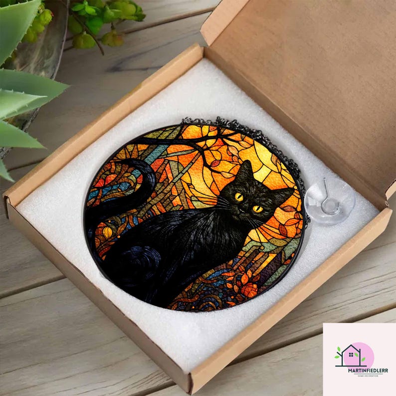 Mystic Black Cat Suncatcher: Halloween Stained Glass or Acrylic Window ...