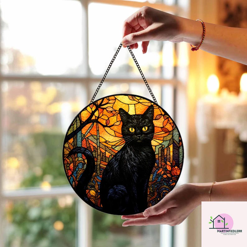 Mystic Black Cat Suncatcher: Halloween Stained Glass or Acrylic Window ...