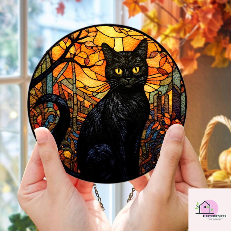 Mystic Black Cat Suncatcher: Halloween Stained Glass or Acrylic Window ...