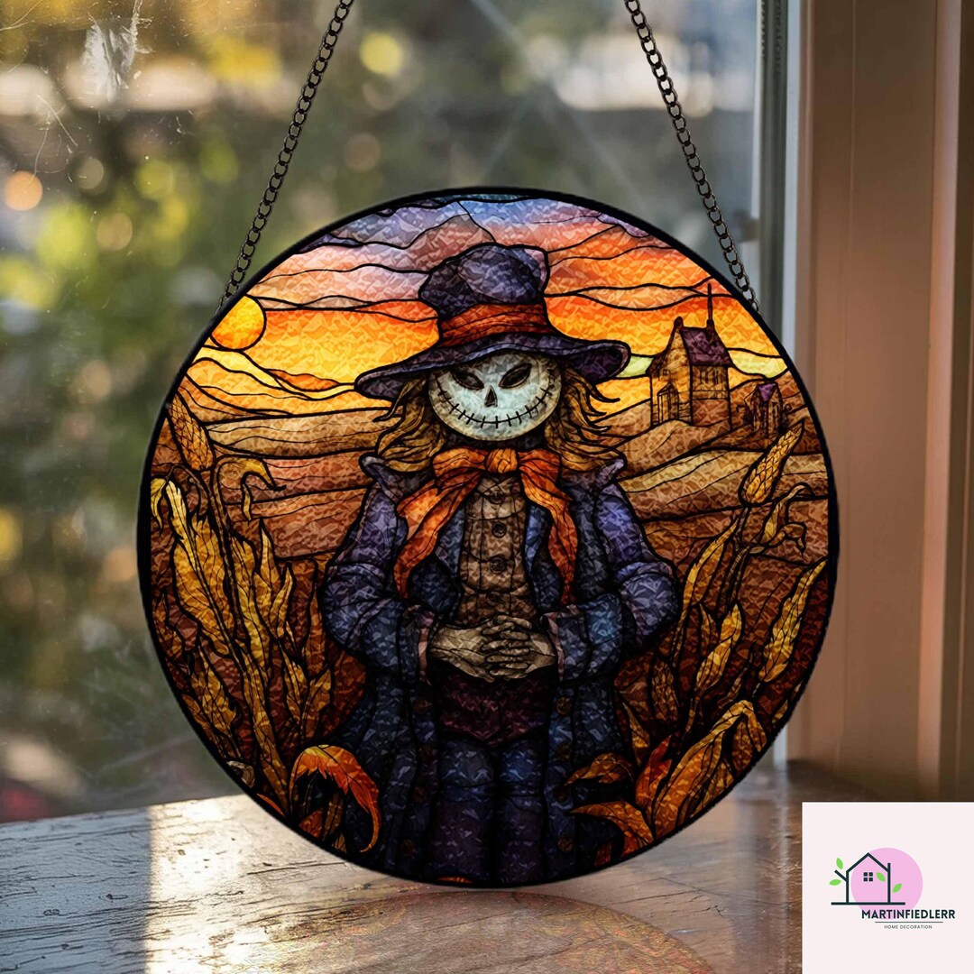 Scarecrow Suncatcher: Halloween Stained Glass or Acrylic Window Hanging ...