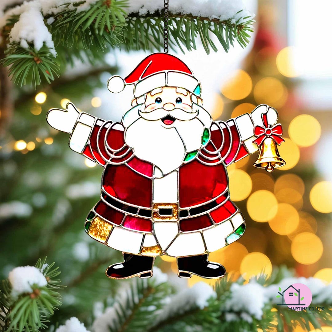 Jolly Santa Bell Acrylic Suncatcher, Cheerful Christmas Window Accent ...