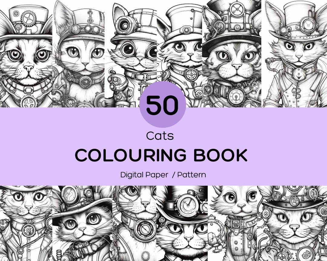 50 Steampunk Cat Coloring Pages, Printable Designs (PDF) - Etsy