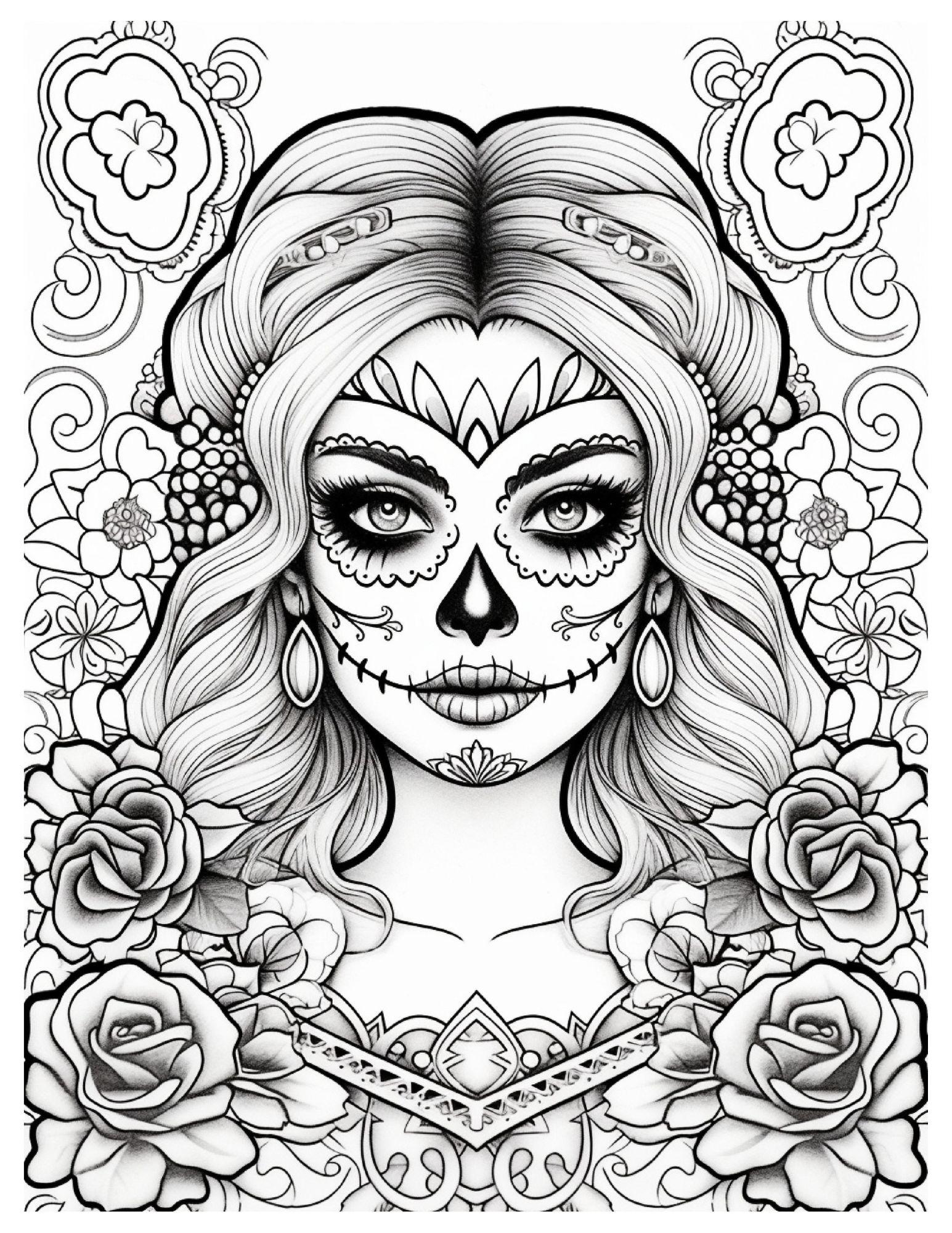 Vibrant Sugar Skull Girls Coloring Collection 50 Printable Pages to ...