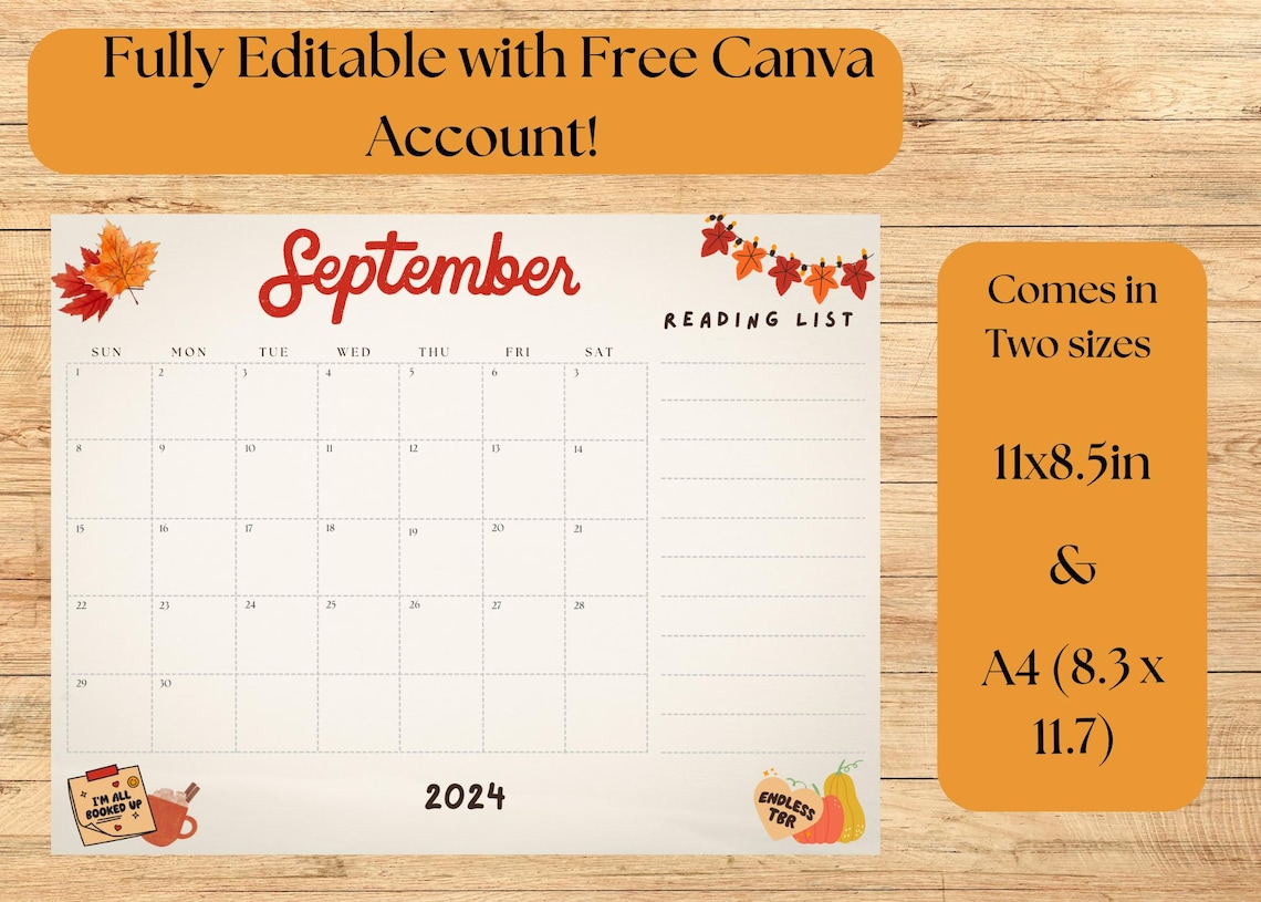 Editable September Calendar Printable, Customizable, Desk Calendar ...