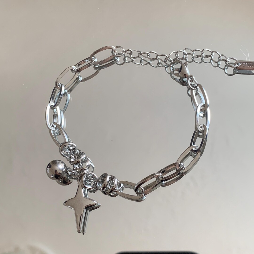 Silver Star Stainless Steel Chunky Bracelet, Y2K Grunge Punk Sturdy ...