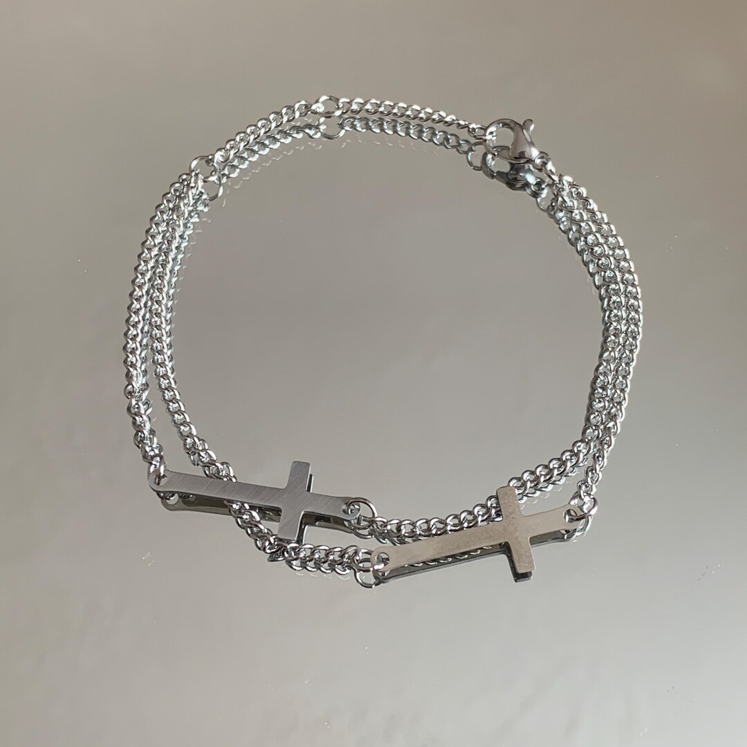 Silver Double Cross Stainless Steel Dainty Layered No Tarnish ...