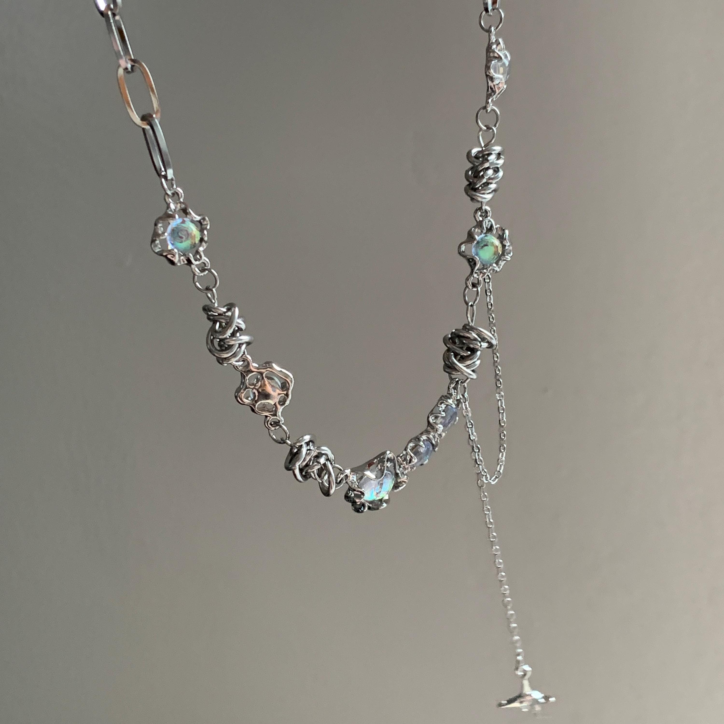 Silver Moonstone Gothic Style Y2k Chain Necklace, Green Gem Stone ...